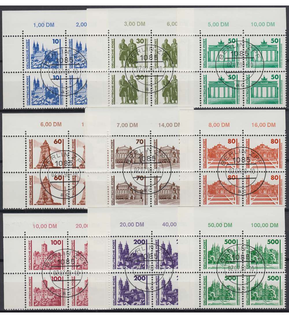 DDR Nr. 3344-3352 gestempelt Eckrand-4er-Block-Satz oben links Deutsche Post Bauwerke 1990 ...