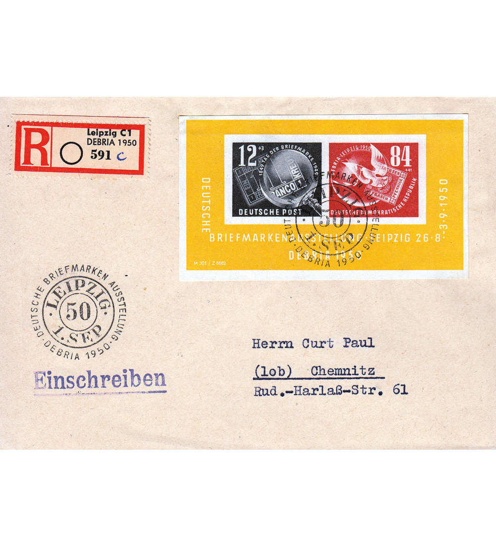 DDR Block 7 auf Brief Debria 1950 Briefmarke - Goldhahn - 391547
