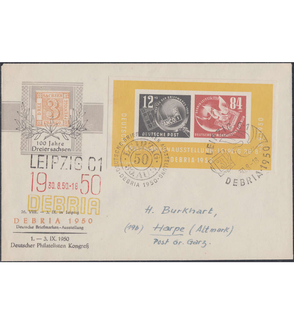 DDR Block 7 Debria-Block FDC auf Schmuck - Ersttagsbrief Briefmarke - Goldhahn - 502506